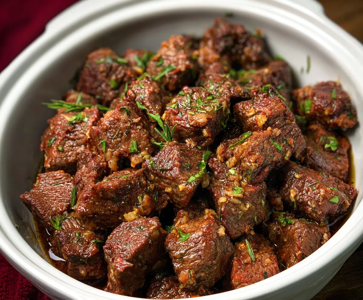 High Protein Slow Cooker Garlic Butter Beef Bites